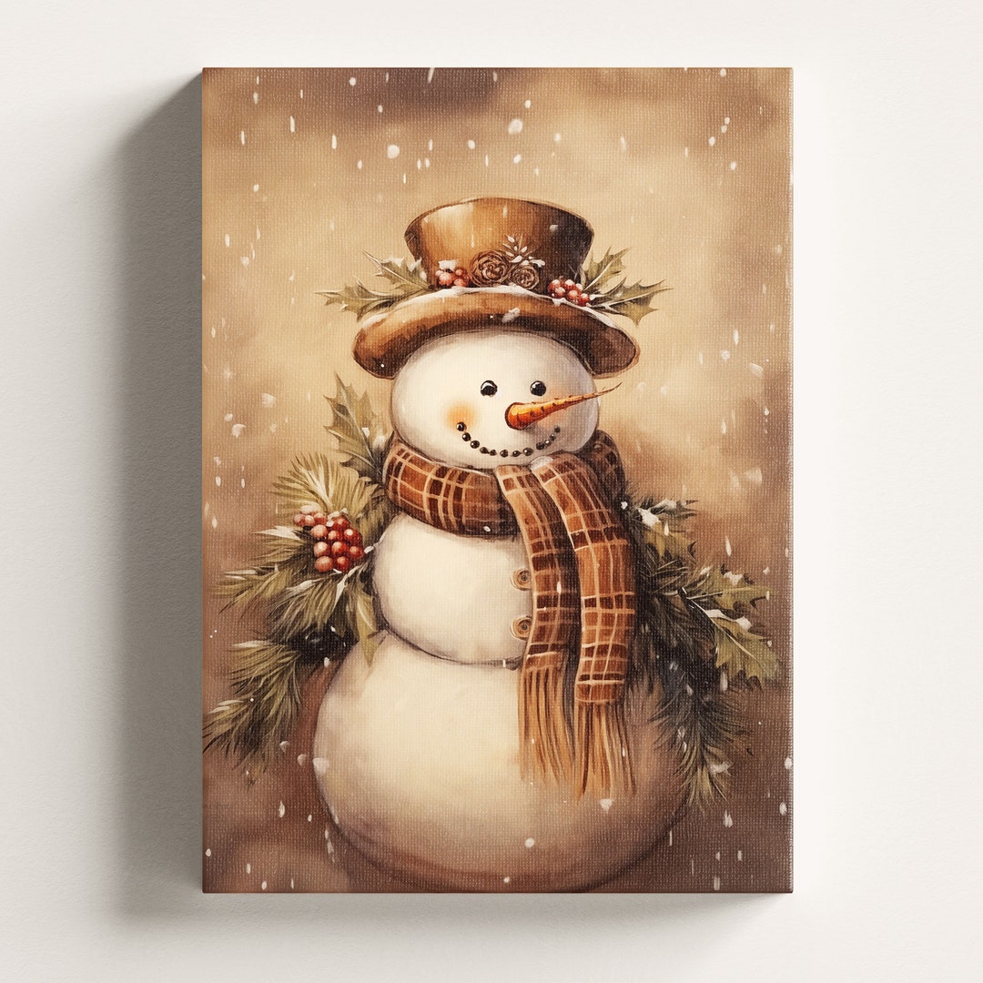 Beige and Brown Snowman Canvas, Vintage Christmas Wall Art Canvas ...