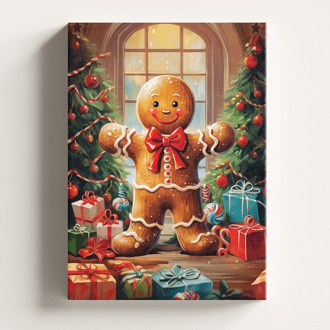 Gingerbread Boy Christmas Art Canvas, Vintage Christmas Wall Art Oil ...