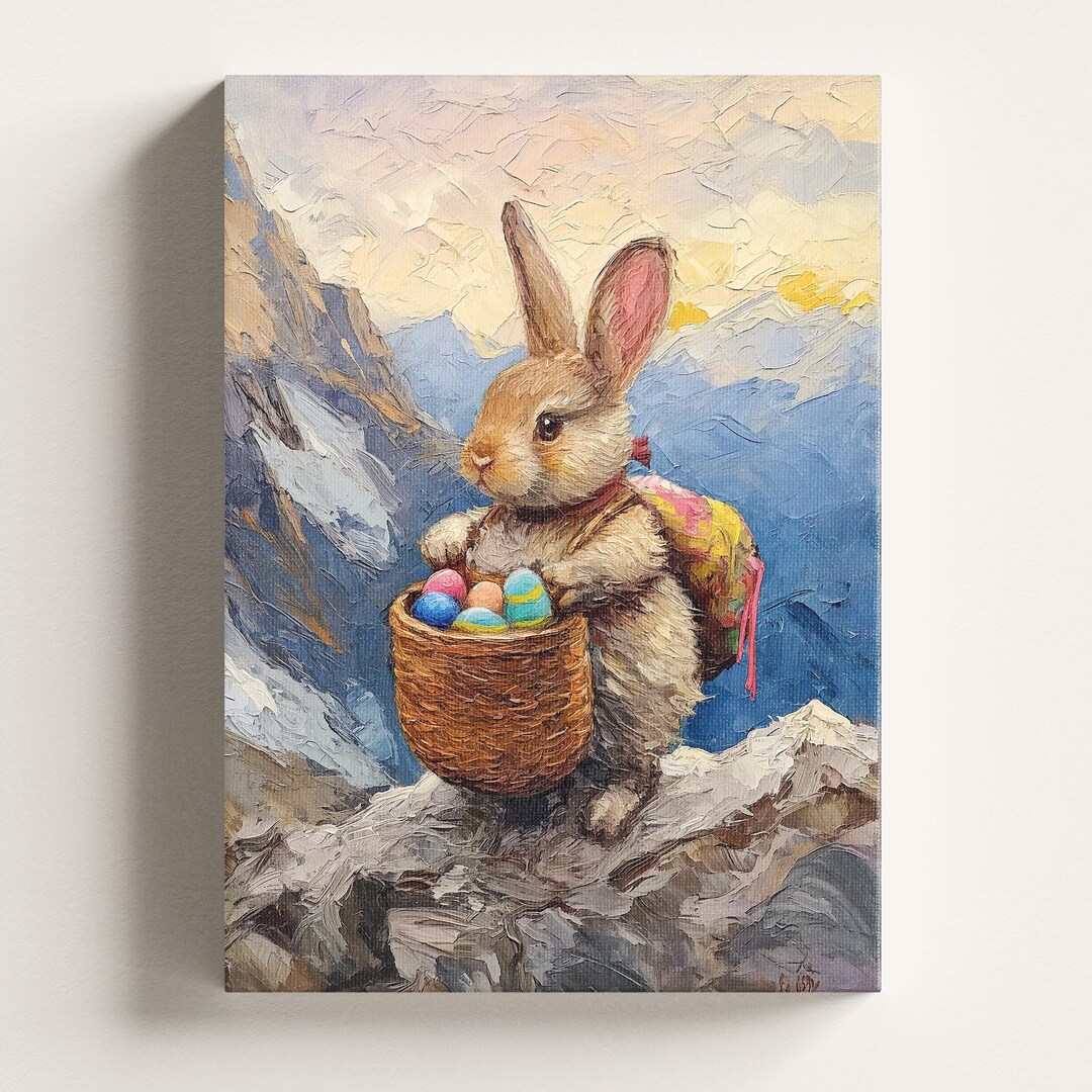 Easter Bunny Climbing Oil Painting Print on Poster Canvas, Forest Wall ...