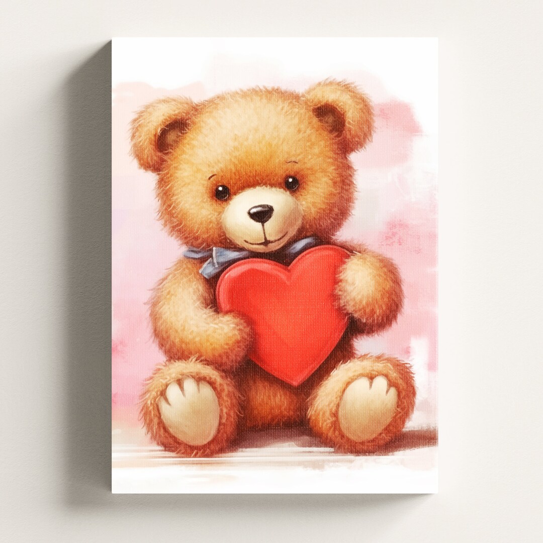 Teddy Bear Valentine's Day Heart Wall Art Canvas, Cute Bear With Heart ...