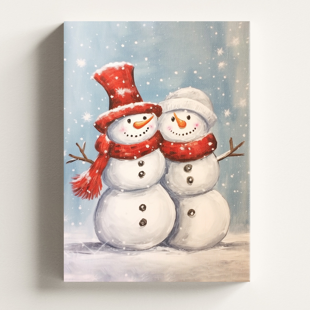 Snowman Couple Painting Canvas, Vintage Christmas Wall Art Canvas ...