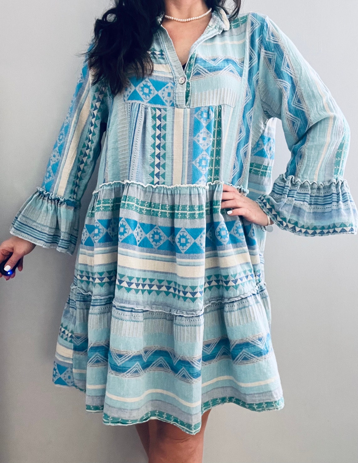 Aztec Summer Embroidered Cotton Tiered Midi Dress. Lightweight Bohemian ...