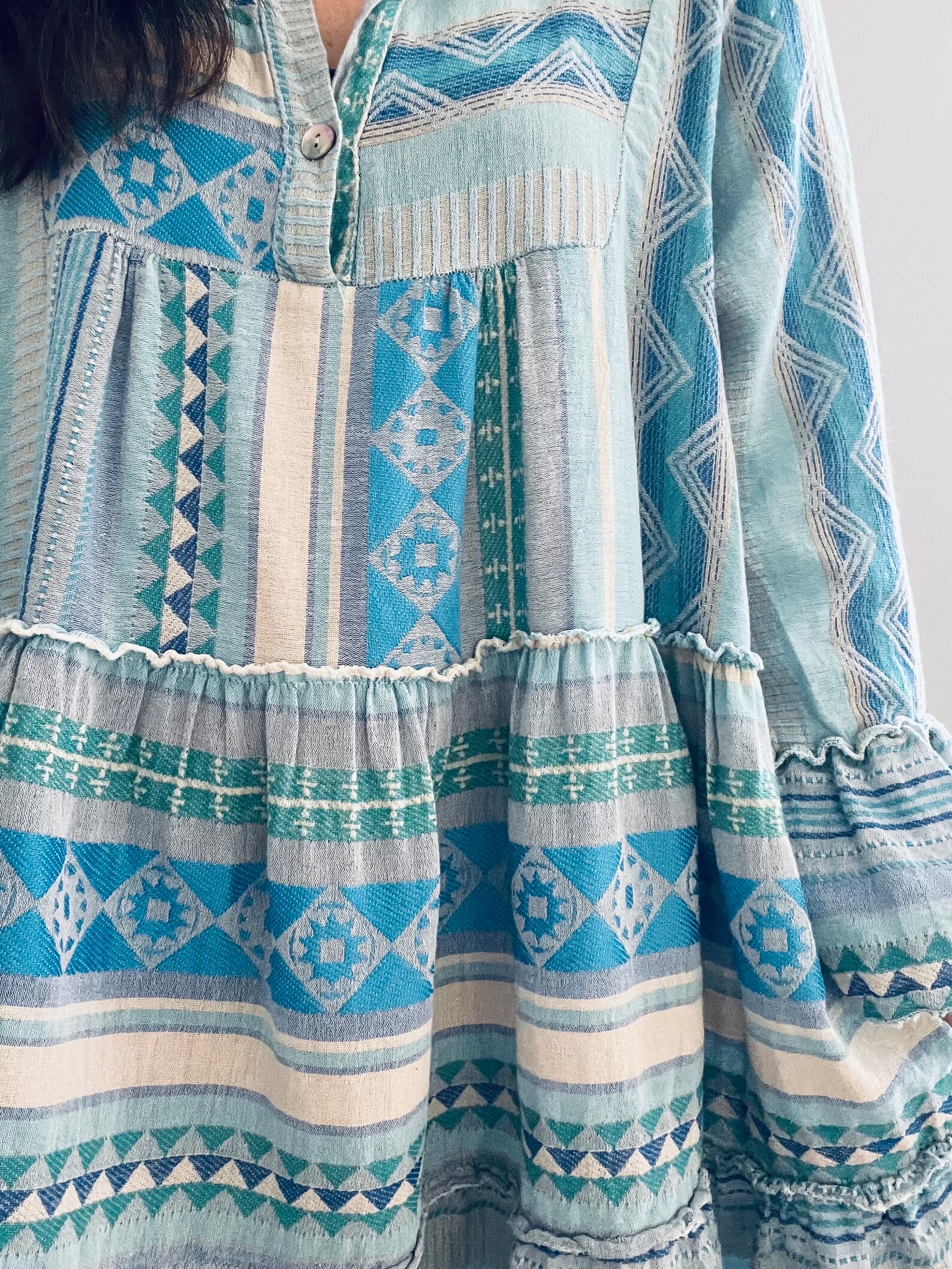 Aztec Summer Embroidered Cotton Tiered Midi Dress. Lightweight Bohemian ...