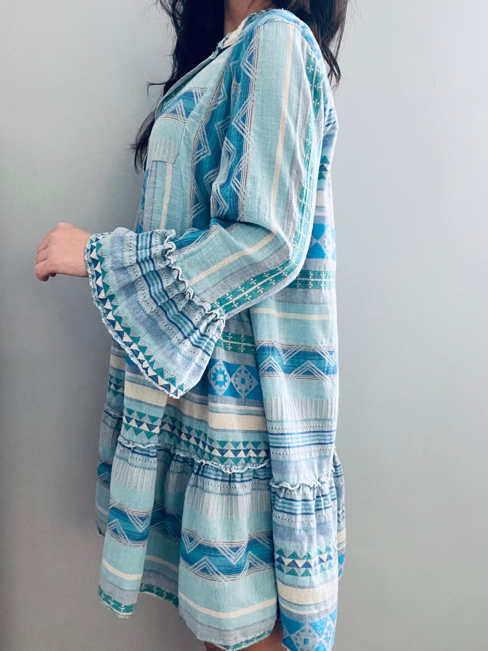 Aztec Summer Embroidered Cotton Tiered Midi Dress. Lightweight Bohemian ...
