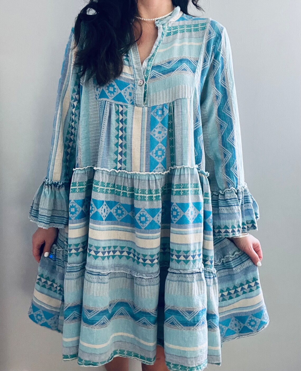 Aztec Summer Embroidered Cotton Tiered Midi Dress. Lightweight Bohemian ...