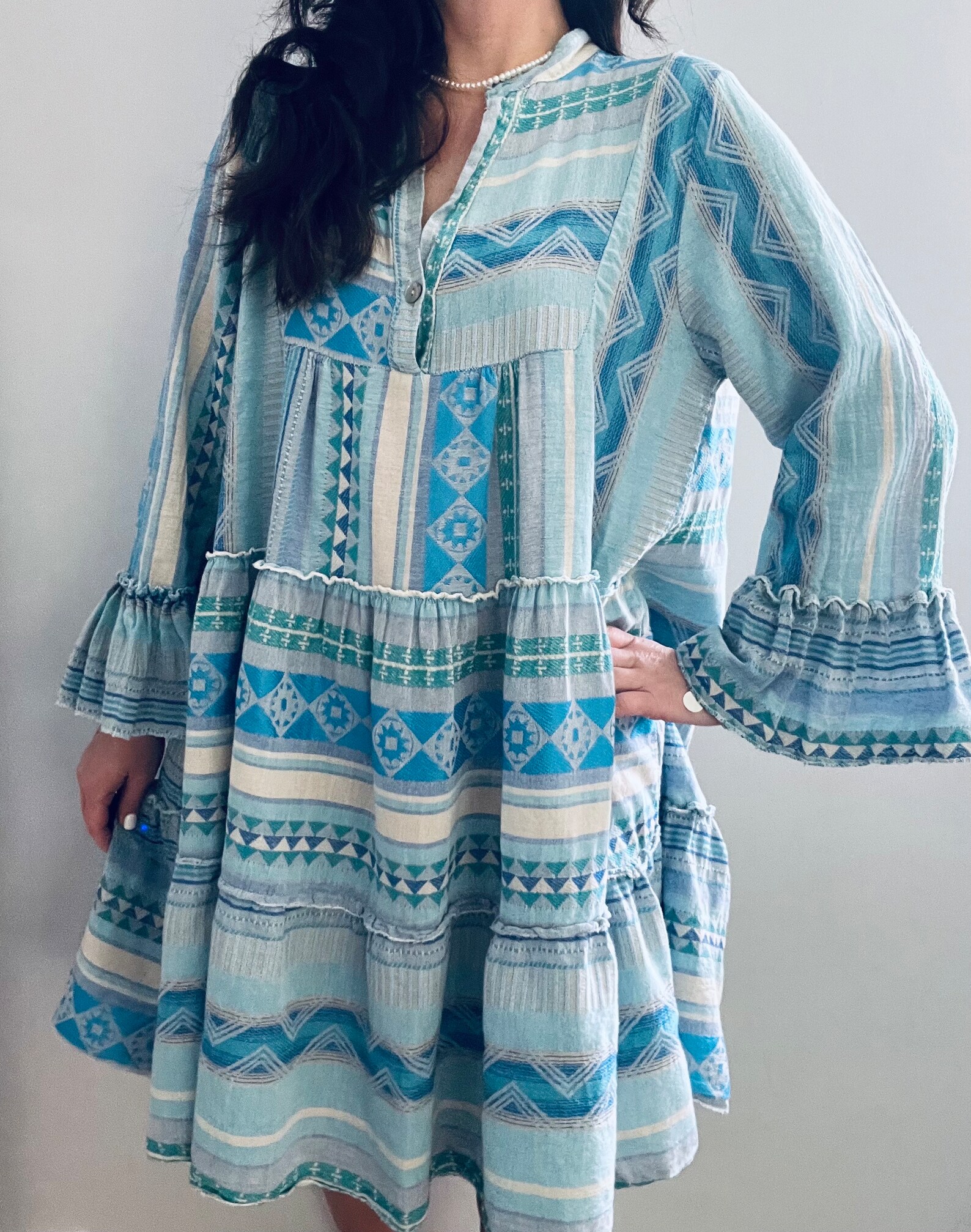 Aztec Summer Embroidered Cotton Tiered Midi Dress. Lightweight Bohemian ...