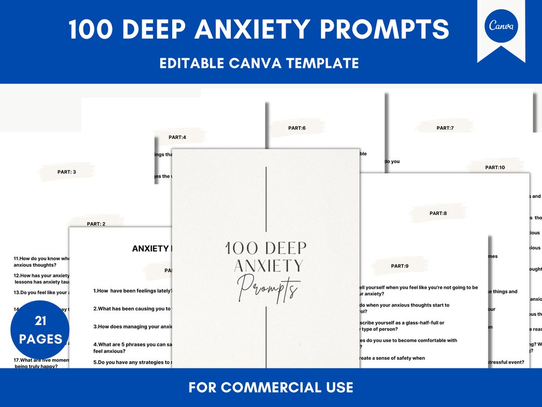 Editable 100 Deep Anxiety Prompts in Canva Canva Template Pack Therapy ...