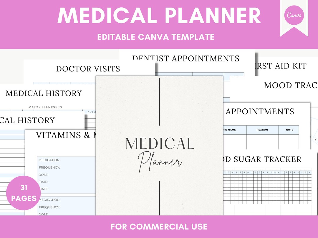 Editable Medical Planner in Canva Canva Template Pack Health and ...