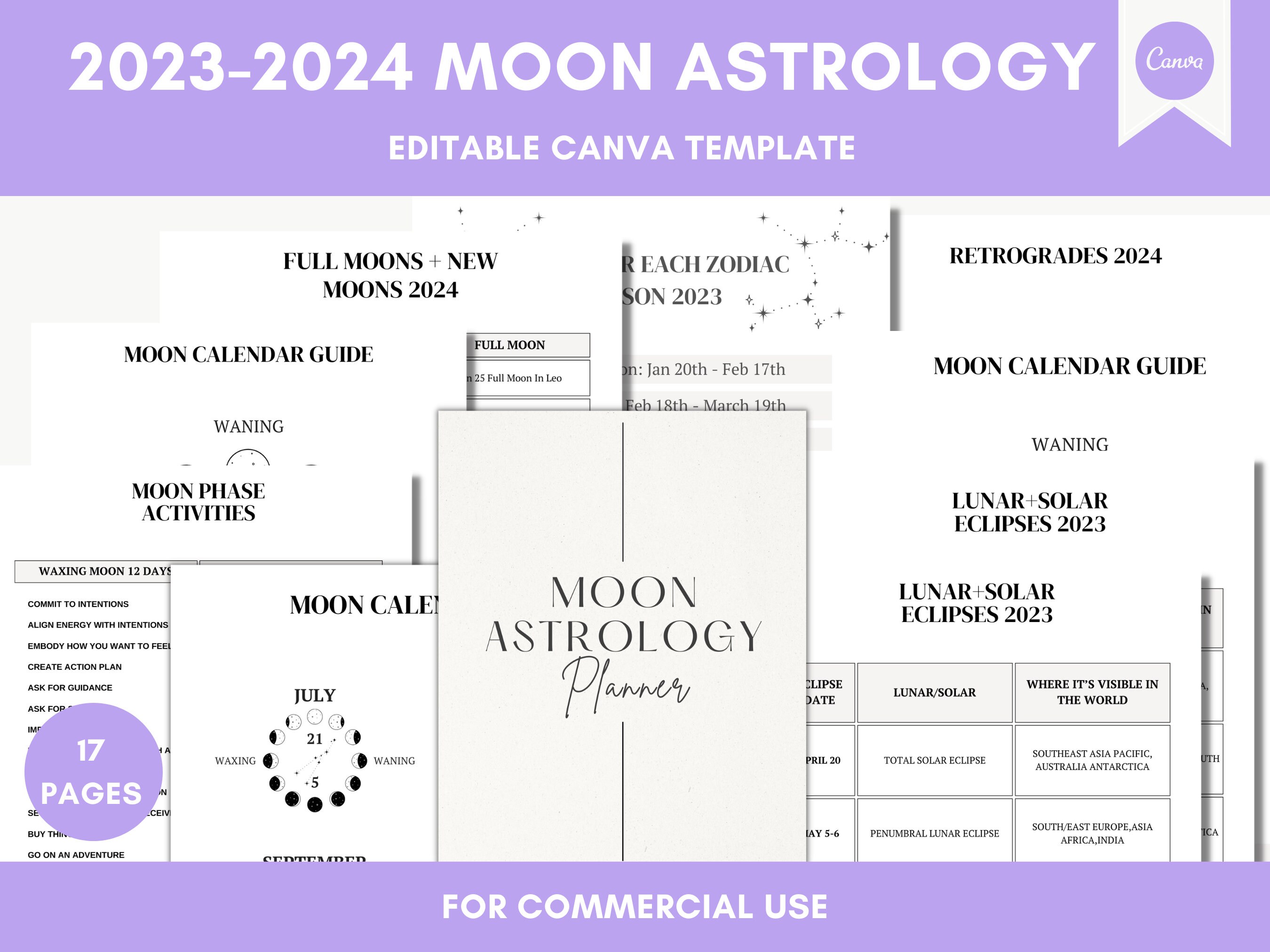2023-2024 Editable Moon Astrology Planner in Canva Canva Template Pack ...