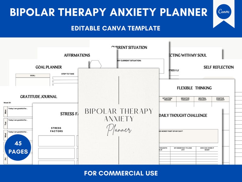 Editable Bipolar Therapy Anxiety Planner in Canva Canva - Etsy