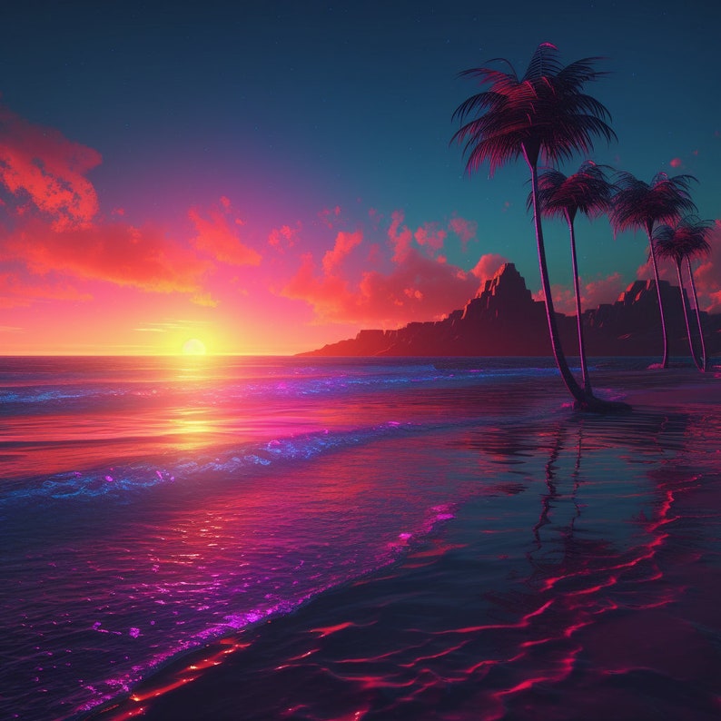 Digital Art: 8 Synthwave Style Sunset Beach With Waves and - Etsy