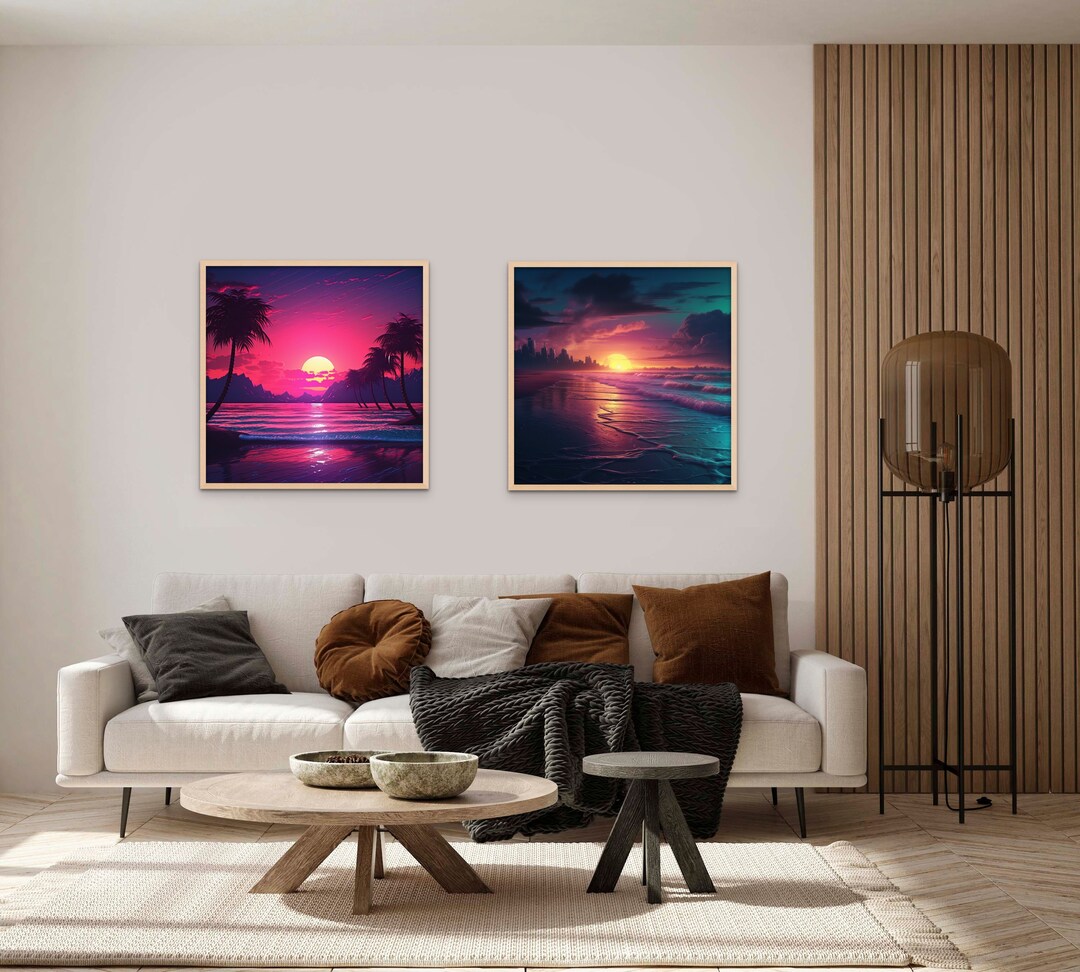 Digital Art: 8 Synthwave Style Sunset Beach With Waves and Palm Tree ...