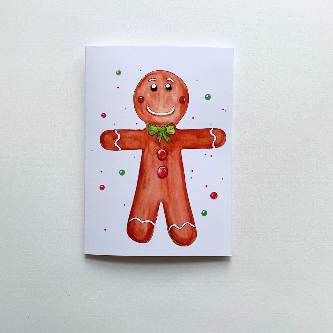 Gingerbread Man Christmas Card: Watercolor Design, Kraft Envelope - Etsy