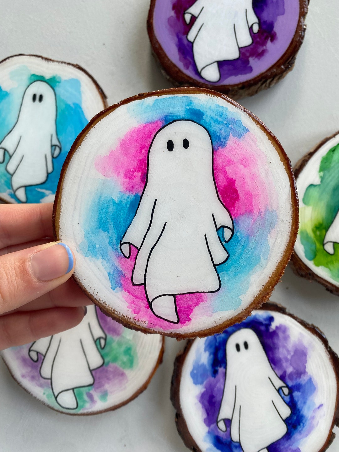 Ghost Wooden Coaster Painted Wooden Log Slice Coaster Handmade Hand ...