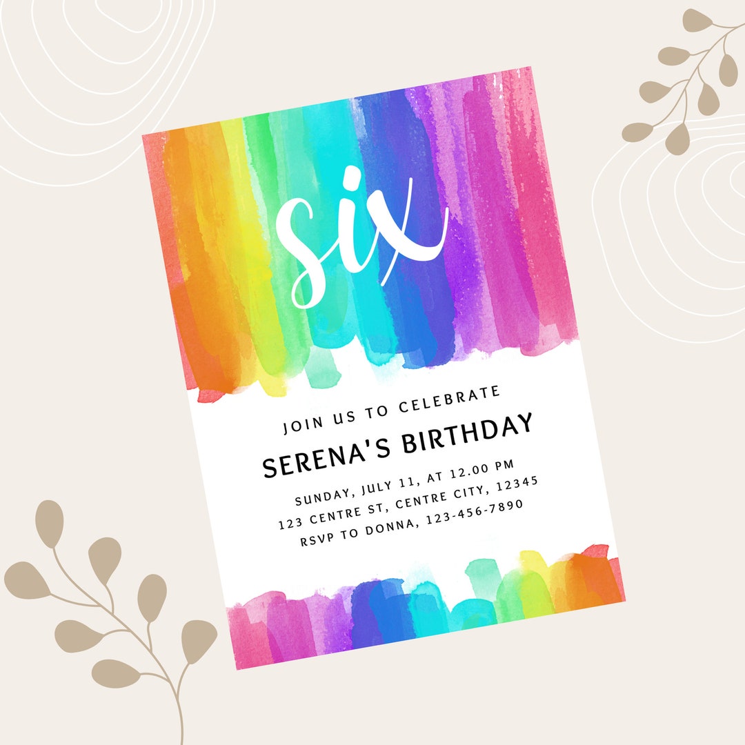 Six Birthday Invitation, 6 Invite, Girl Invitation, Rainbow Party ...