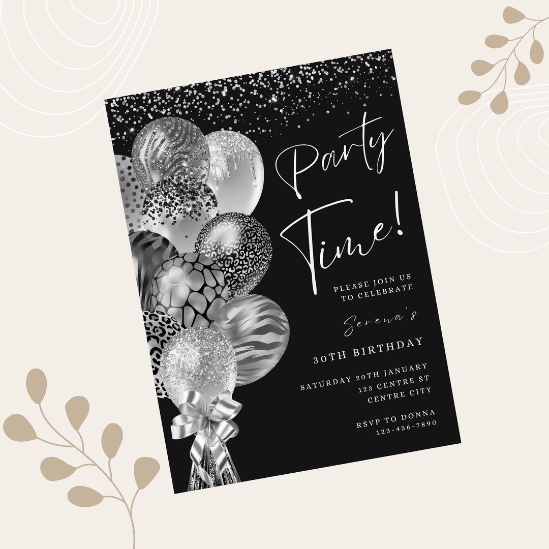 Black and Silver Party Invitation, Balloons, Glitter, Animal Print ...