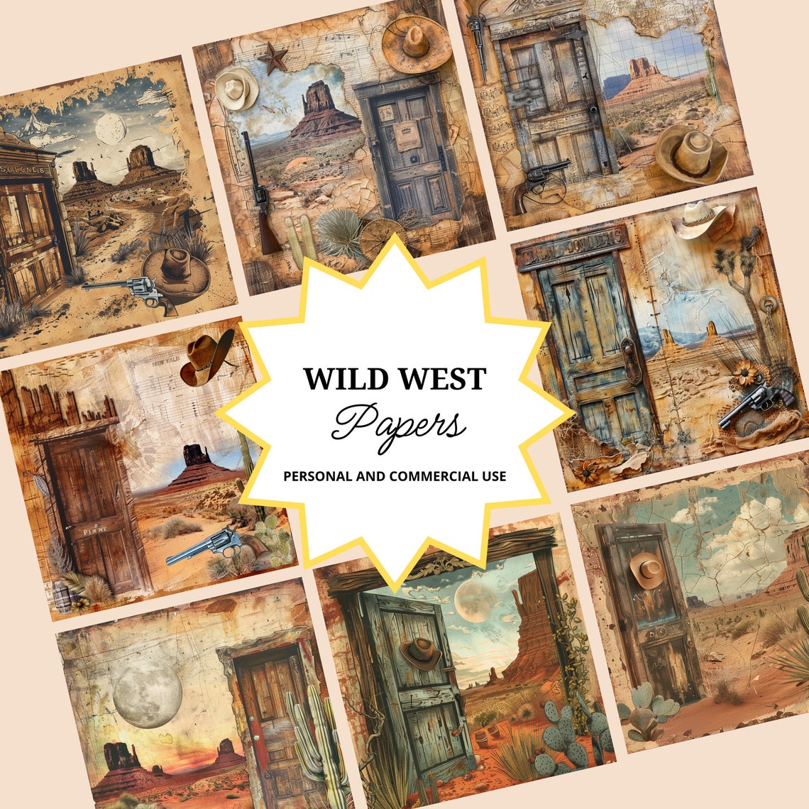 Wild West Digital Paper Set Junk Journal Cowboy Paper Printable Digital ...