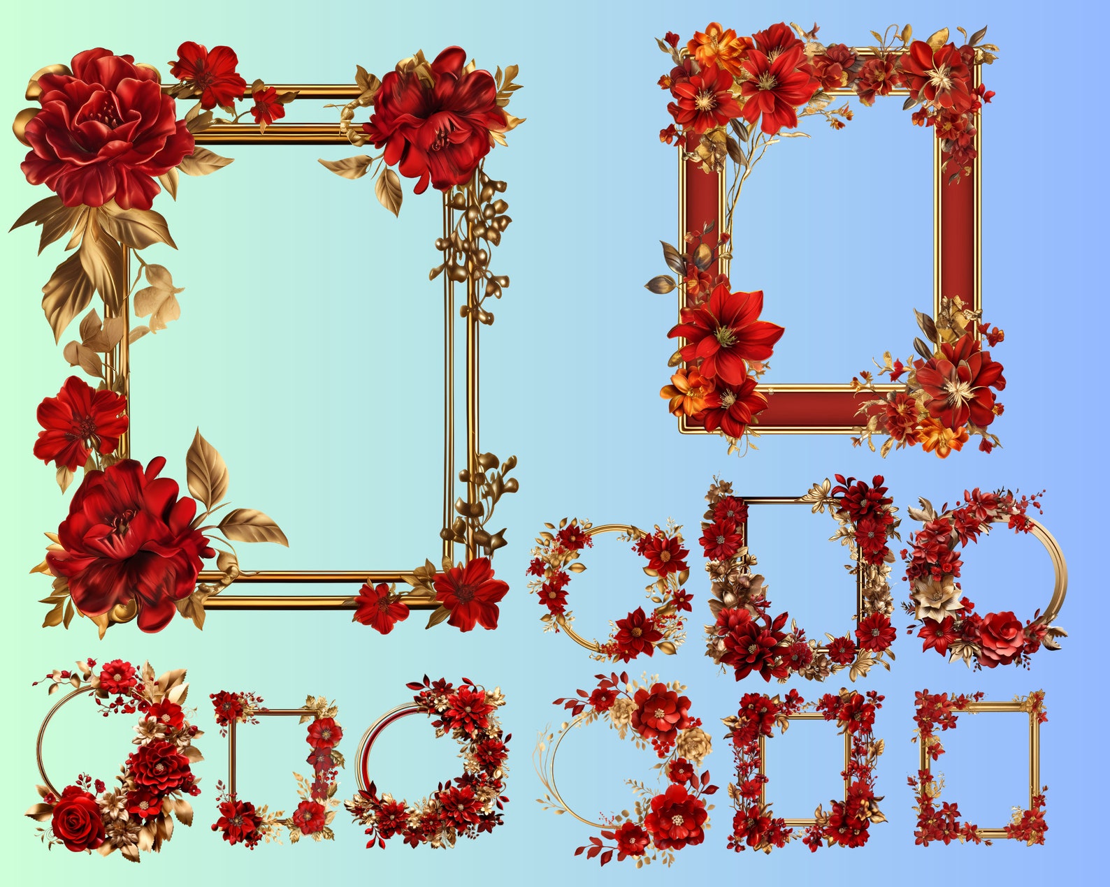 Romantic Red Floral Frames Clipart Graphics Bundle PNG Instant - Etsy