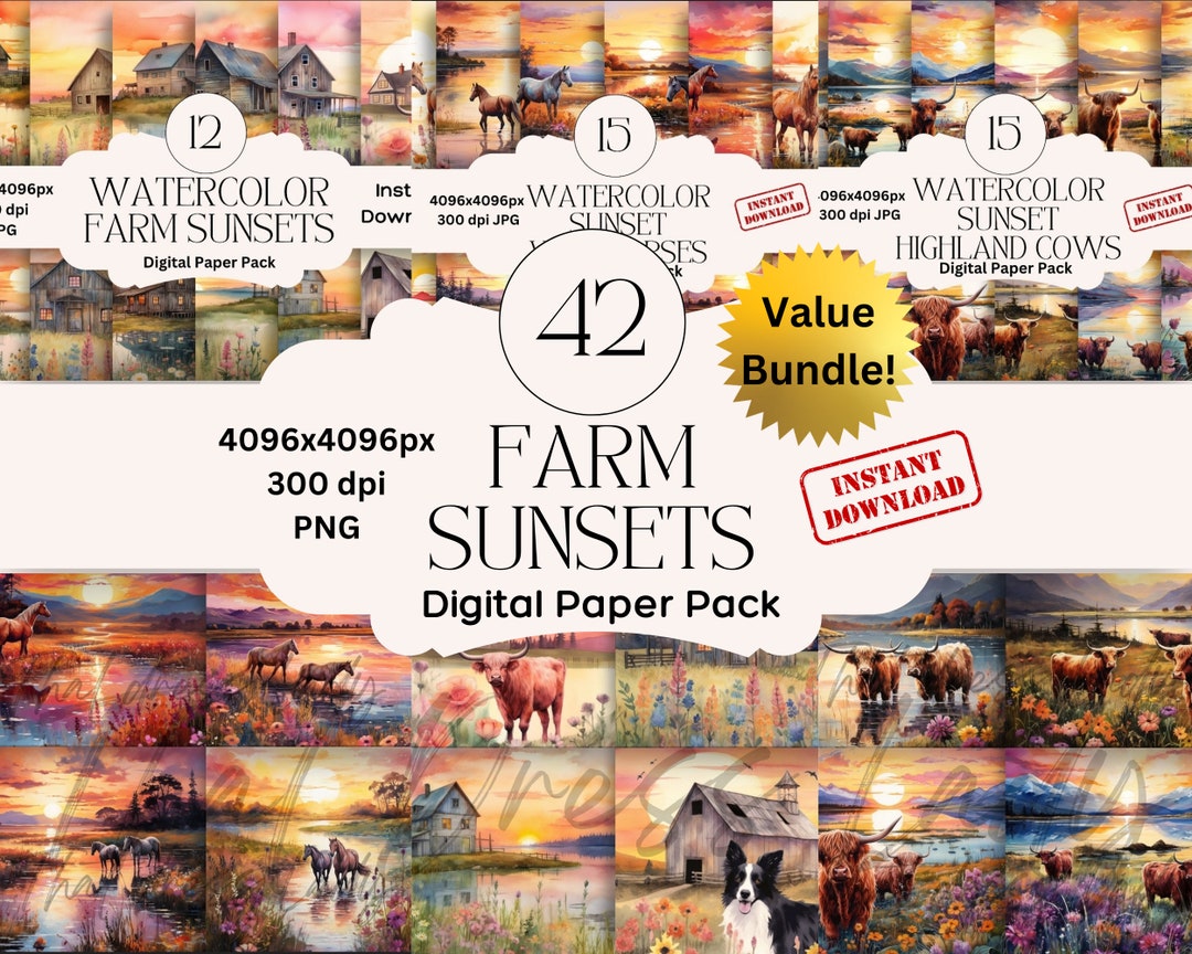 Watercolor Farm Sunsets Digital Paper Set Junk Journal Printable Paper ...