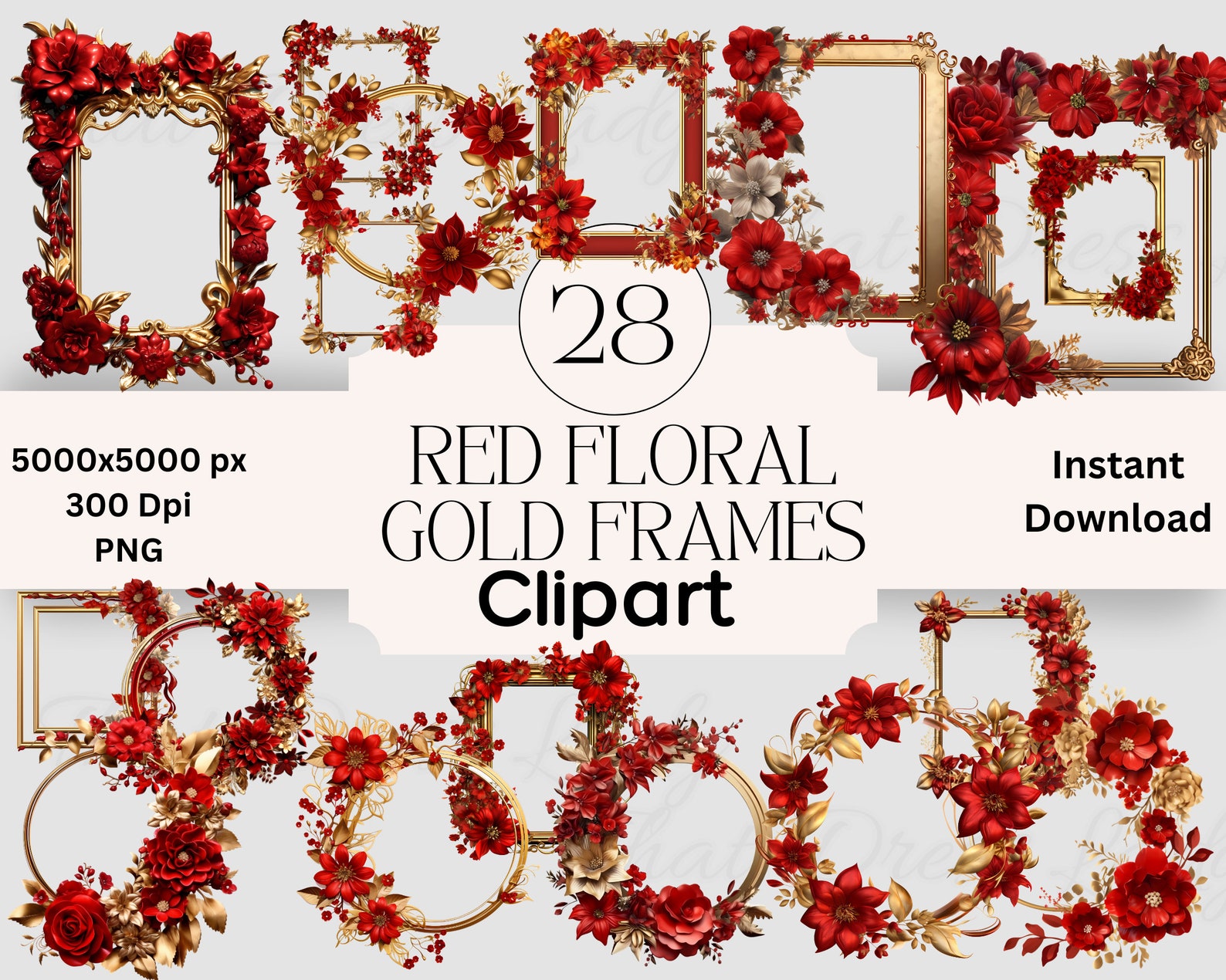 Romantic Red Floral Frames Clipart Graphics Bundle PNG Instant - Etsy