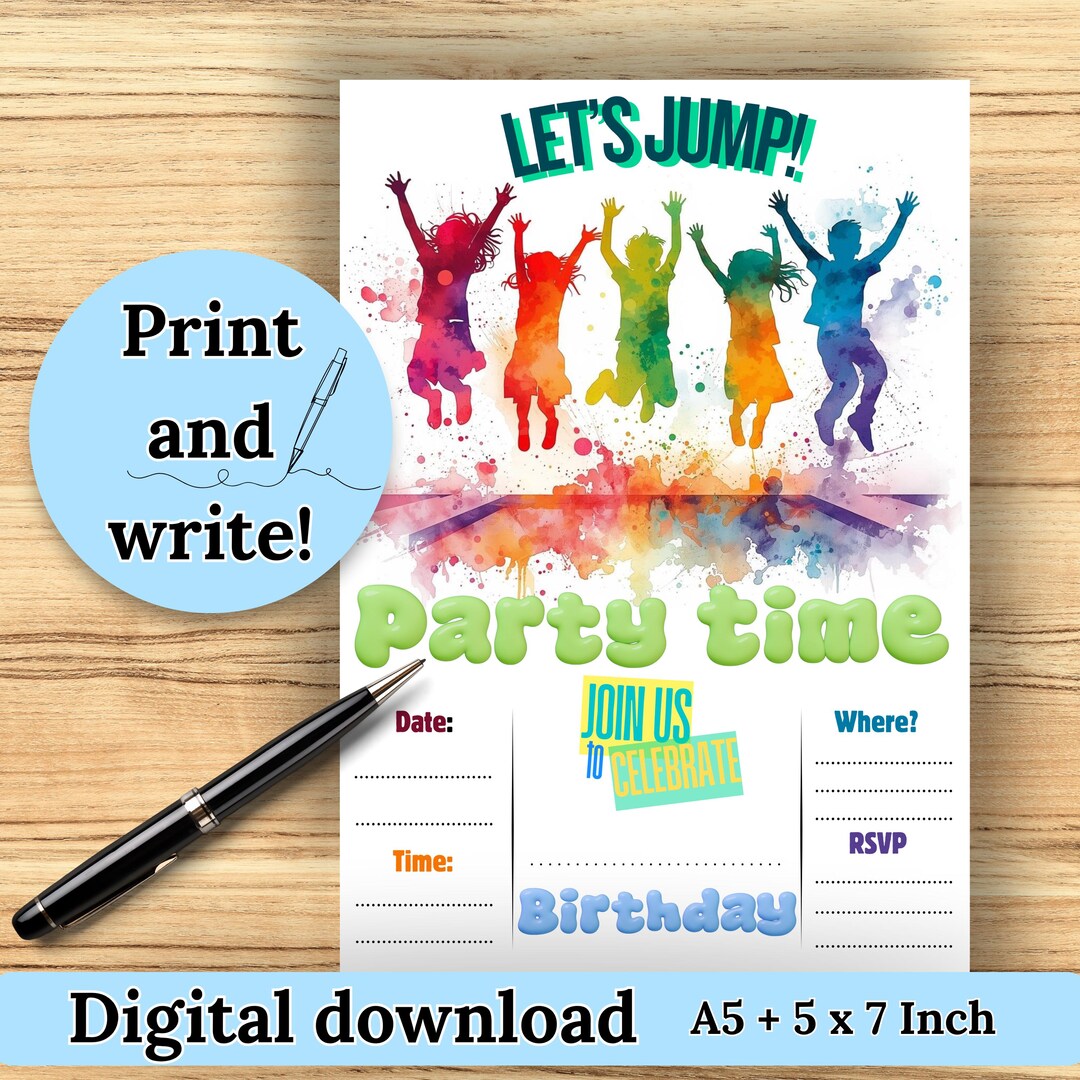 Jump Invitation Colorful Jump Birthday Invite Trampoline Party Bounce ...