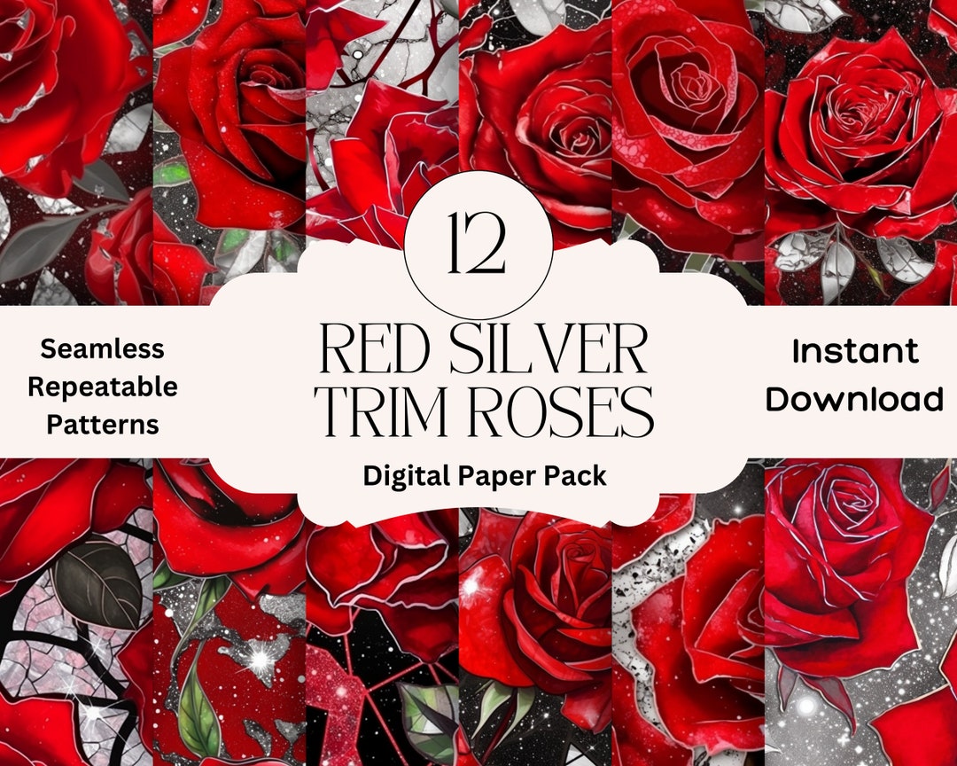 Red Silver Trim Rose Digital Paper Set Junk Journal Roses Paper ...