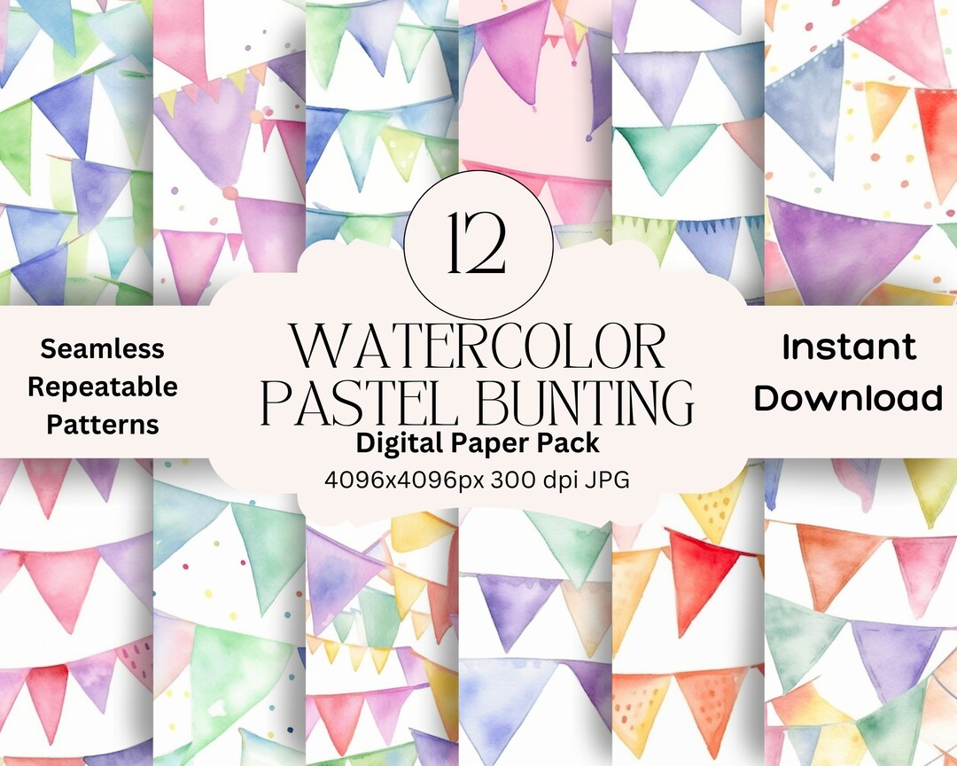 Watercolor Pastel Bunting Digital Paper Set, Junk Journal Paper ...
