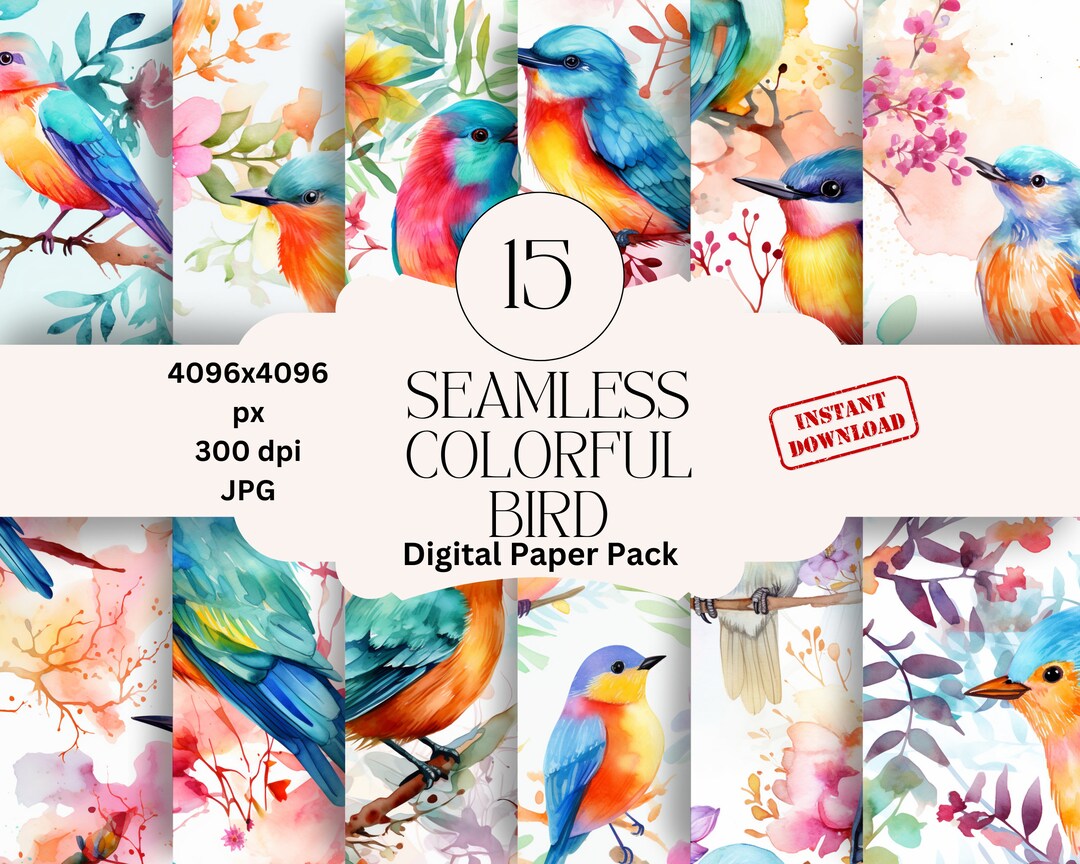 Watercolor Colorful Bird Digital Paper Set Junk Journal Paper Printable ...