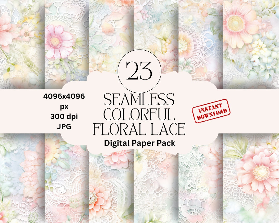 Vintage Floral Lace Digital Paper Set Colorful Floral Junk Journal ...