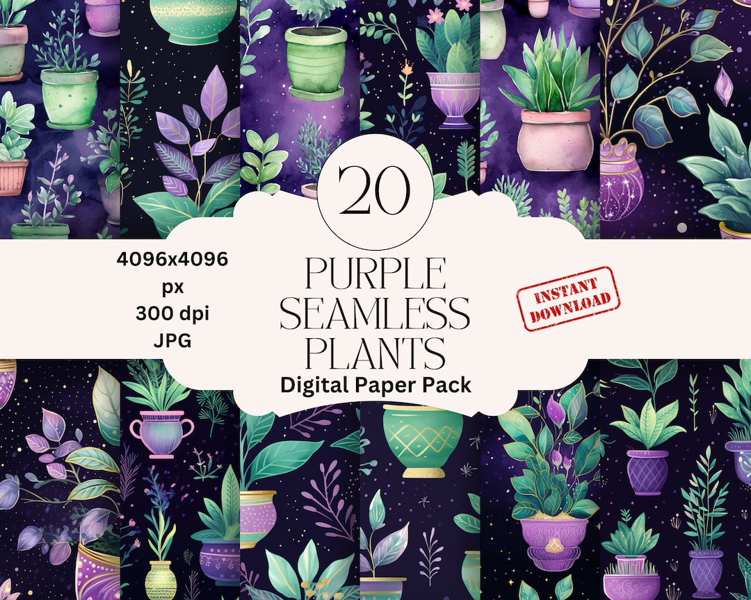Purple Plants Digital Paper Set Junk Journal Pot Plant Seamless Paper ...