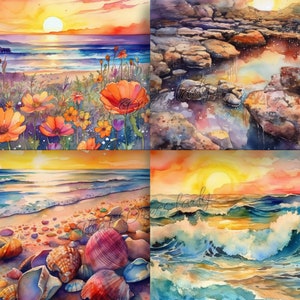 Watercolor Bright Beach Sunsets Digital Paper Set Beach Scrapbook Paper ...