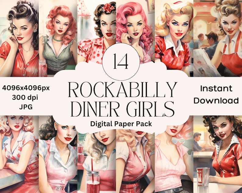 Rockabilly Pin up Girls Digital Paper: 1950s Diner Scrapbook (digital ...