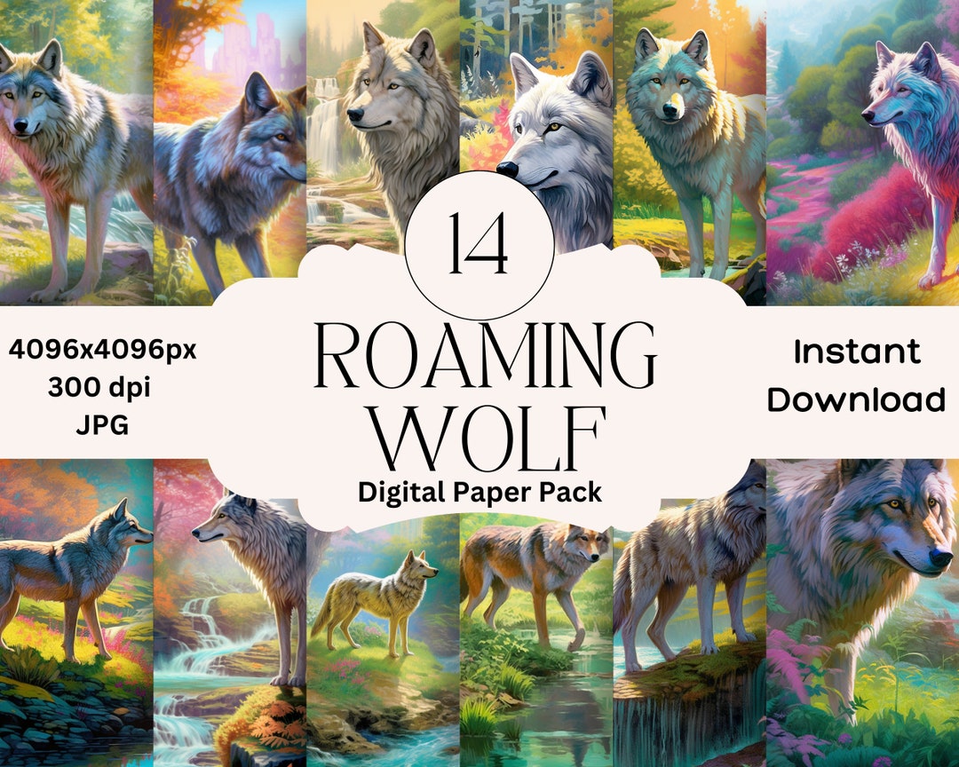 Vibrant Roaming Wolf Digital Paper Set Junk Journal Paper Spring ...