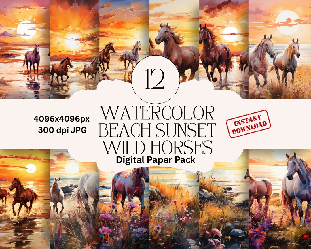 Watercolor Wild Horse Digital Paper Set Spring Wildflowers Brumby ...