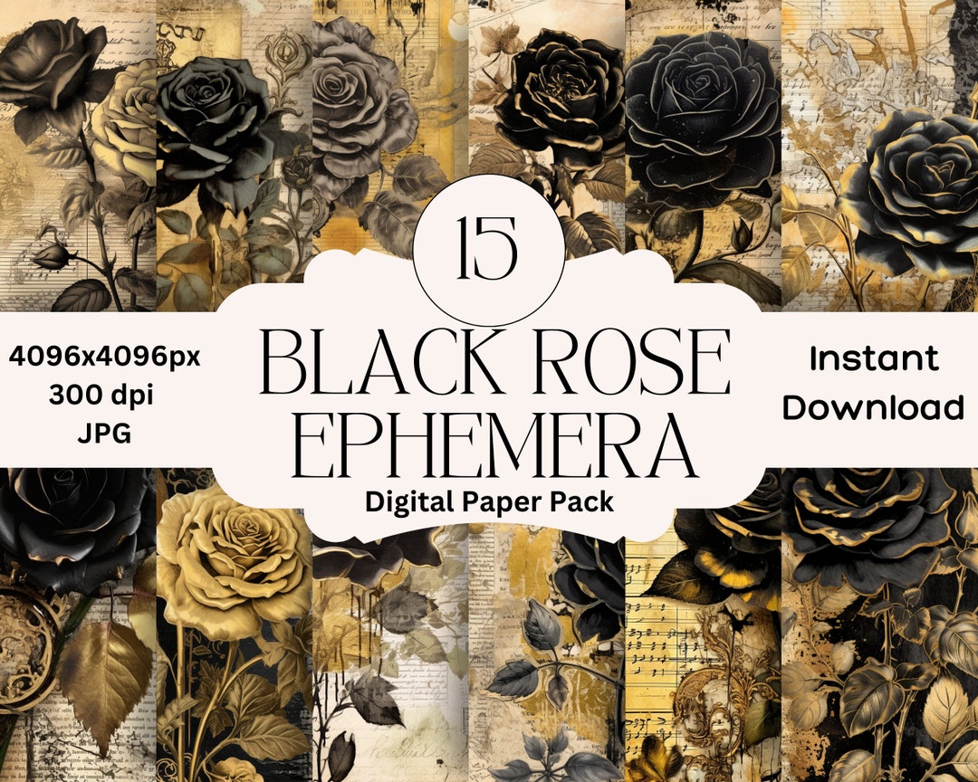 Black Rose Ephemera Paper Pack Junk Journal Paper Printable Gold ...