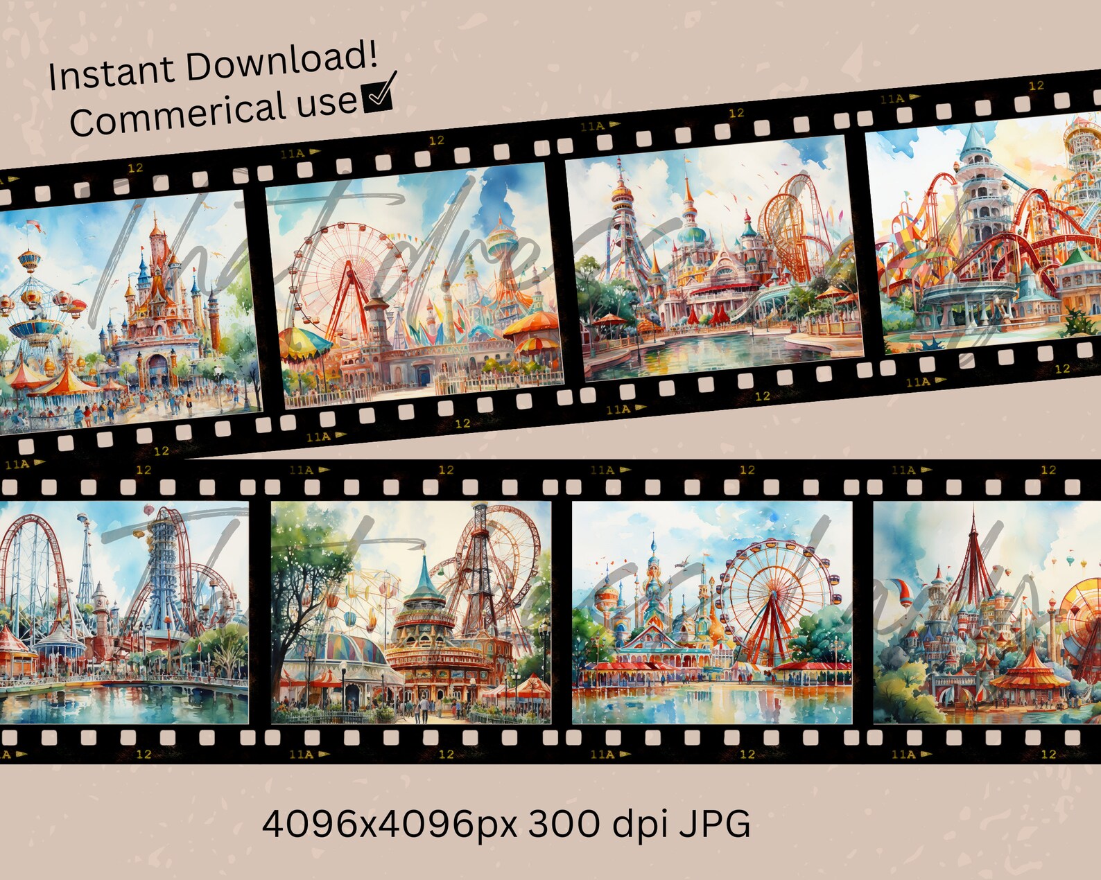 Theme Park Digital Paper Set: Watercolor Carnival Scrapbook (digital ...