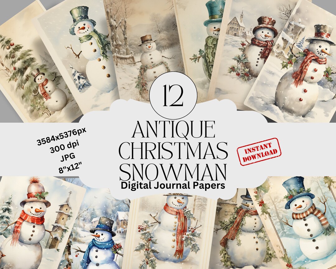 Antique Christmas Snowman Digital Journal Paper Set Junk Journal Paper ...