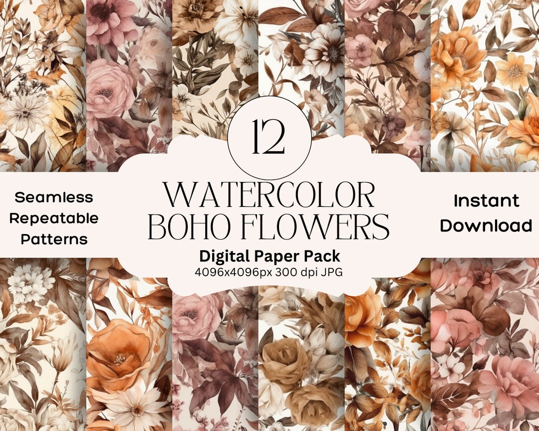 Watercolor Boho Flowers Digital Paper Set Junk Journal Paper Printable ...