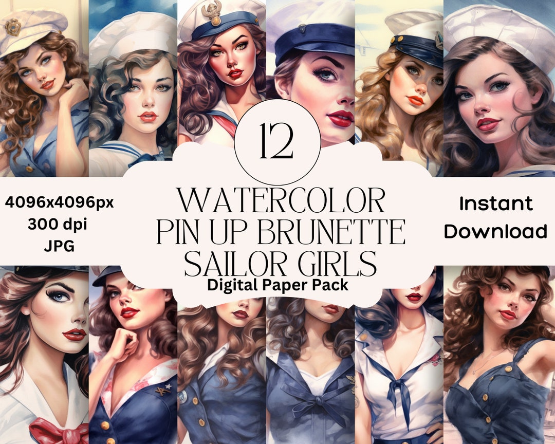 Navy Sailor Brunette Pin up Girls Digital Paper Set Junk Journal Paper ...