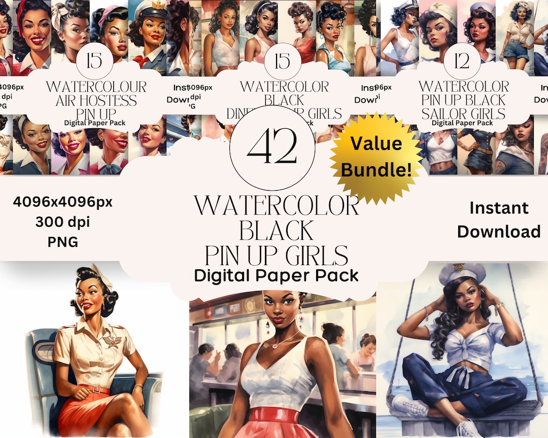 Retro Black Pin up Girls Digital Paper: 1950s Scrapbook (digital ...