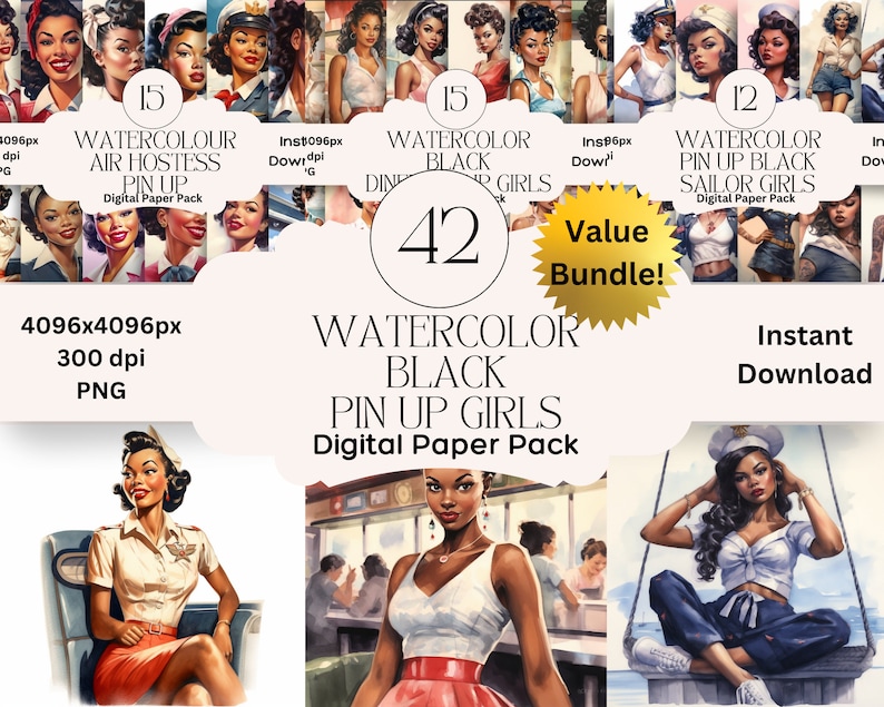 Retro Black Pin up Girls Digital Paper: 1950s Scrapbook (digital ...
