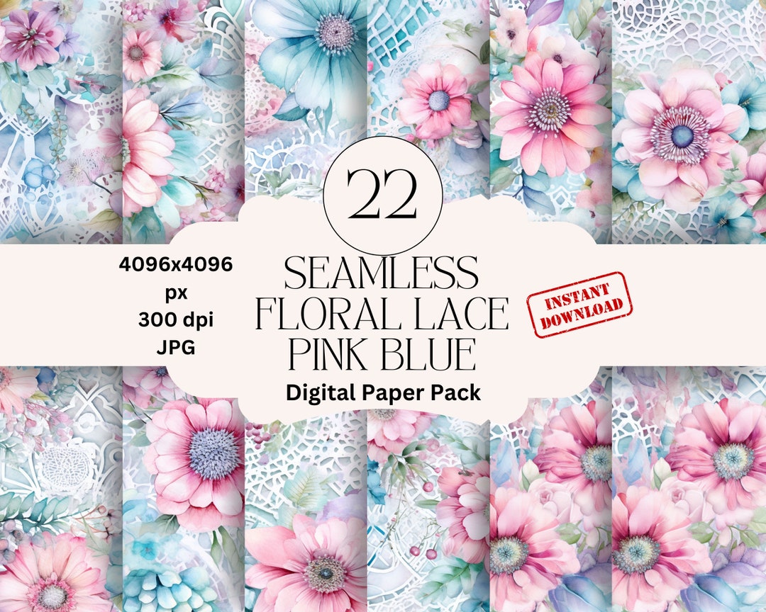 Vintage Floral Lace Digital Paper Set Pink Blue Floral Junk Journal ...