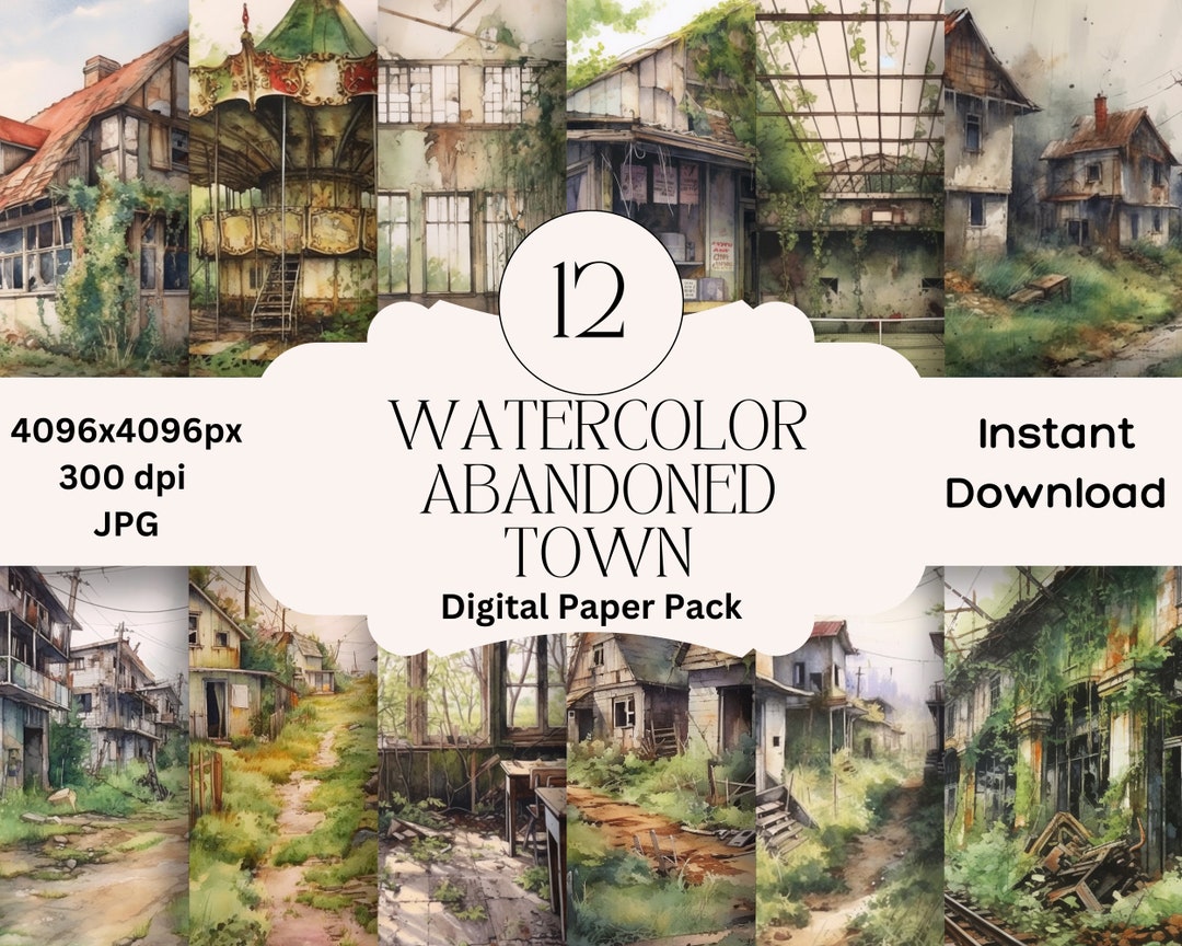 Watercolor Abandoned Town Digital Paper Set Horror Scrapbook Paper ...