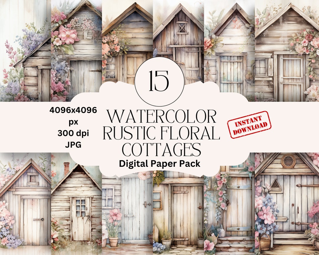 Watercolor Floral Rustic Cottage Digital Paper Set Cottage Junk Journal ...