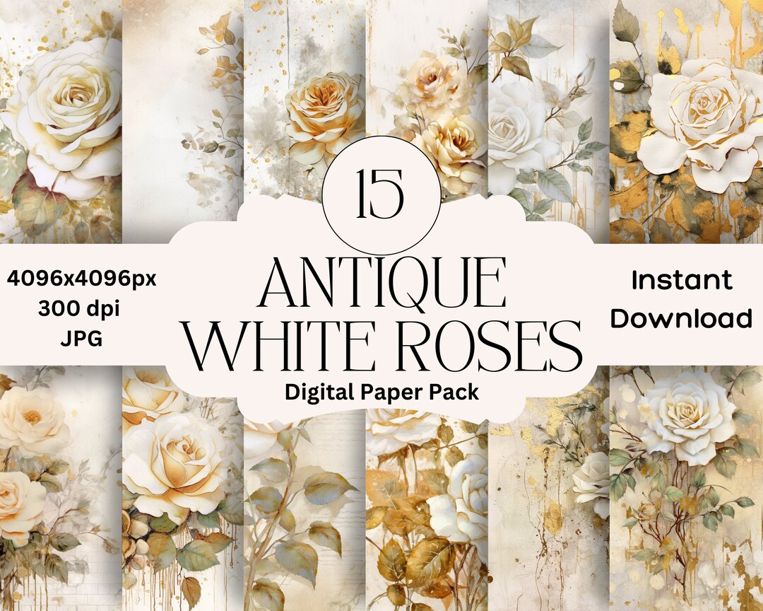 White Rose Digital Paper Printable Rose Scrapbook Papers Pack Antique ...