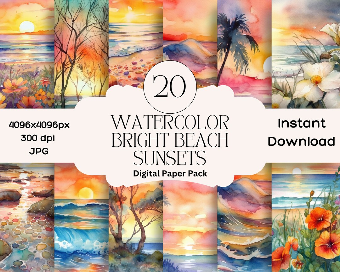 Watercolor Bright Beach Sunsets Digital Paper Set Beach Scrapbook Paper ...