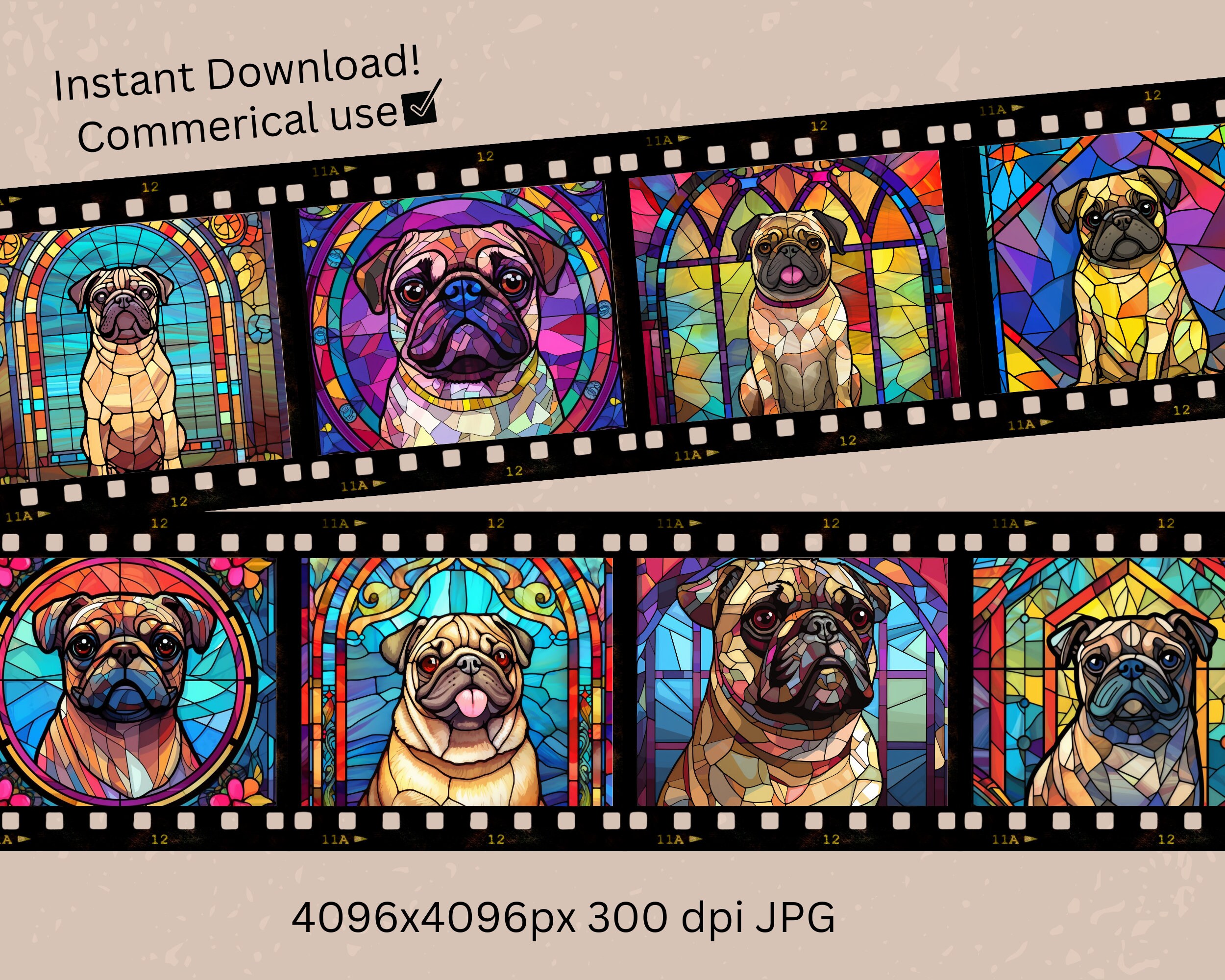 Pug Digital Paper Set Junk Journal Paper Pug Dog Stained Glass - Etsy