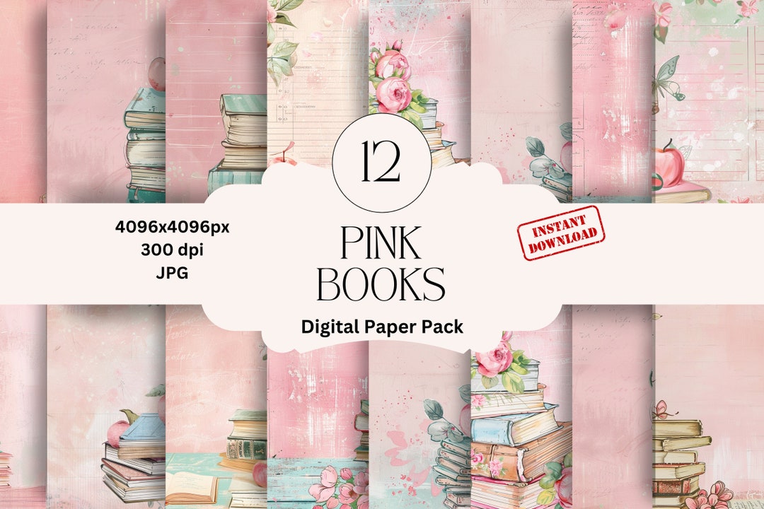 Vintage Books Digital Paper Set Pink Shabby Chic Junk Journal Paper ...