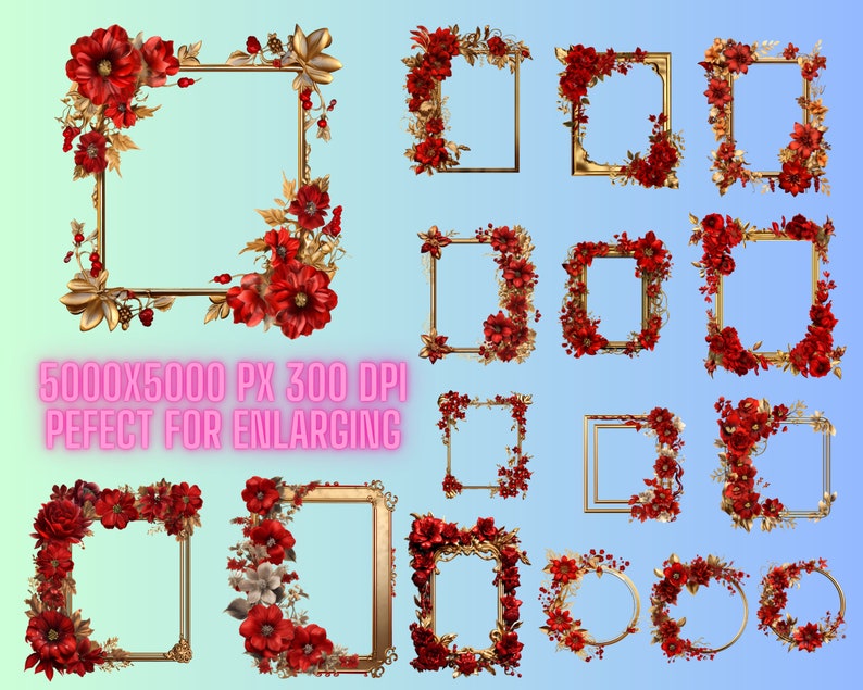 Romantic Red Floral Frames Clipart Graphics Bundle PNG Instant - Etsy