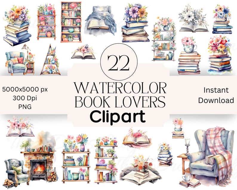 Watercolor Book Lovers Clipart Pastel Books Store Bookshelf - Etsy